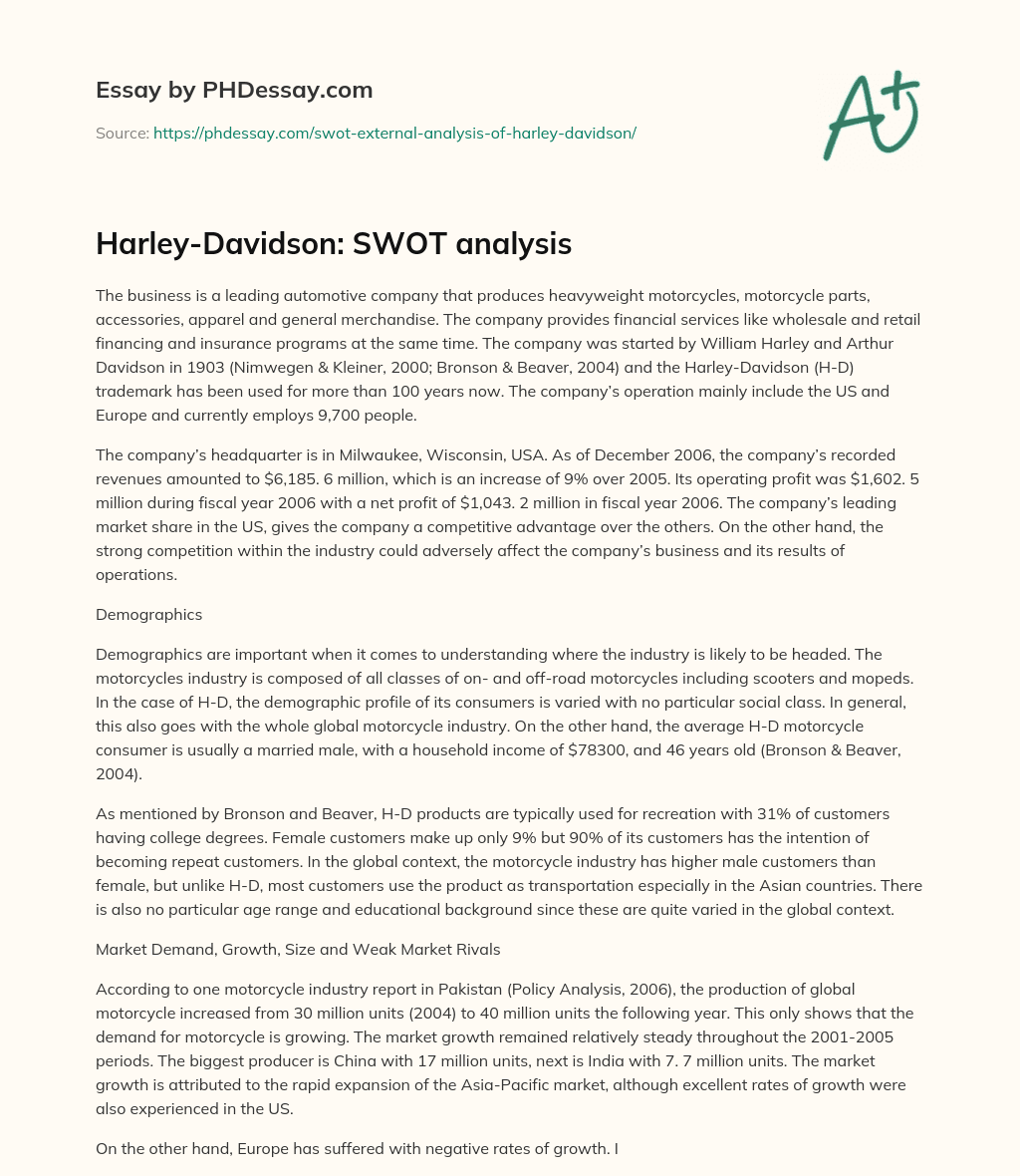 Harley-Davidson: SWOT analysis - PHDessay.com