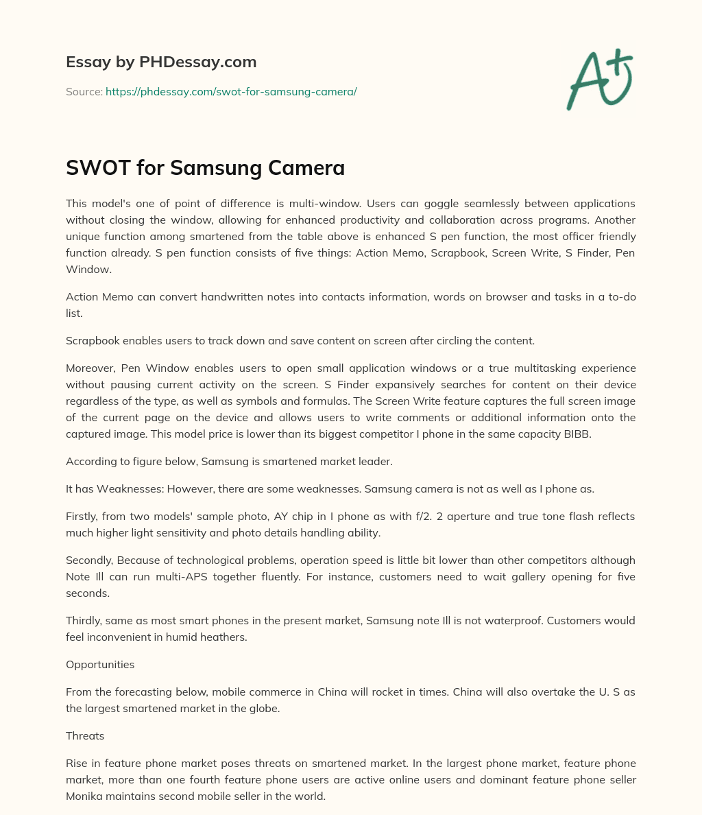 SWOT for Samsung Camera (400 Words) - PHDessay.com