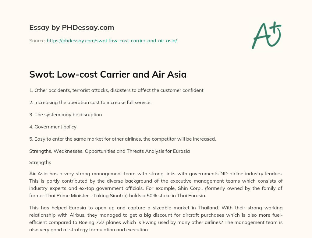 Swot: Low-Cost Carrier And Air Asia Analysis Example (200 Words ...