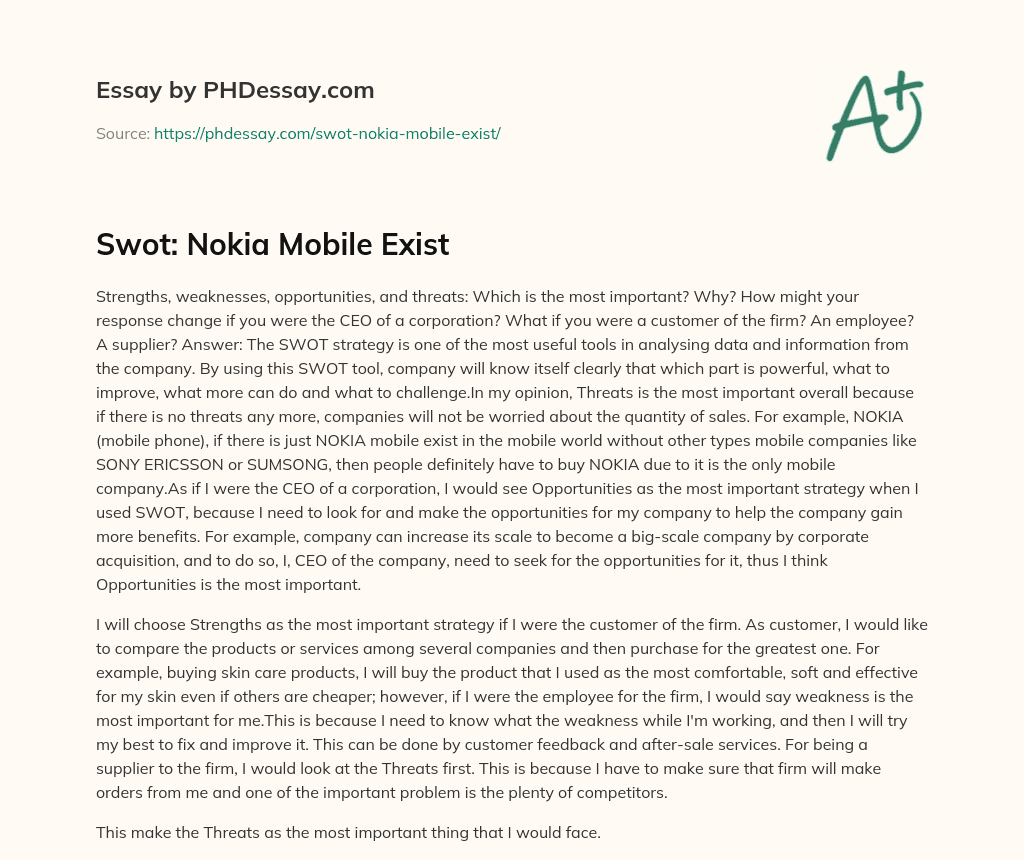 Swot: Nokia Mobile Exist (400 Words) - PHDessay.com