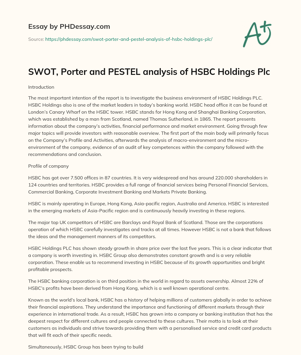 SWOT, Porter and PESTEL analysis of HSBC Holdings Plc - PHDessay.com
