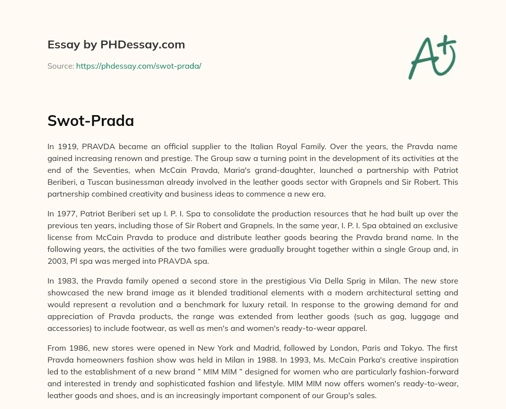 Swot-Prada Analysis Example (300 Words) - PHDessay.com