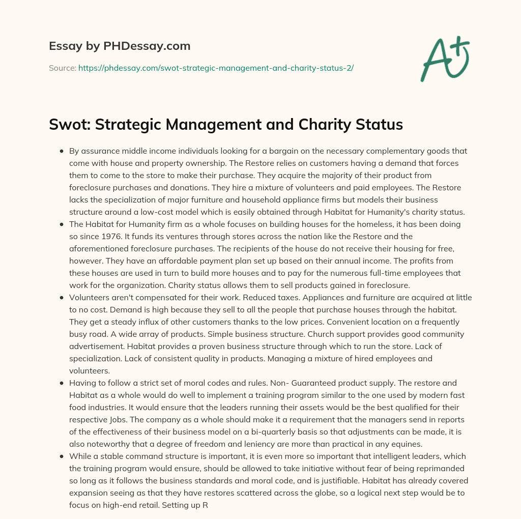 Swot: Strategic Management and Charity Status (500 Words) - PHDessay.com