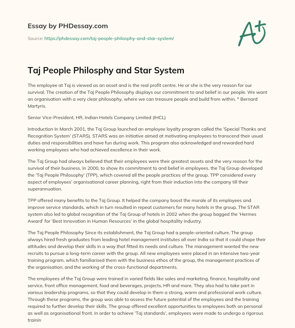 Taj People Philosphy and Star System - PHDessay.com