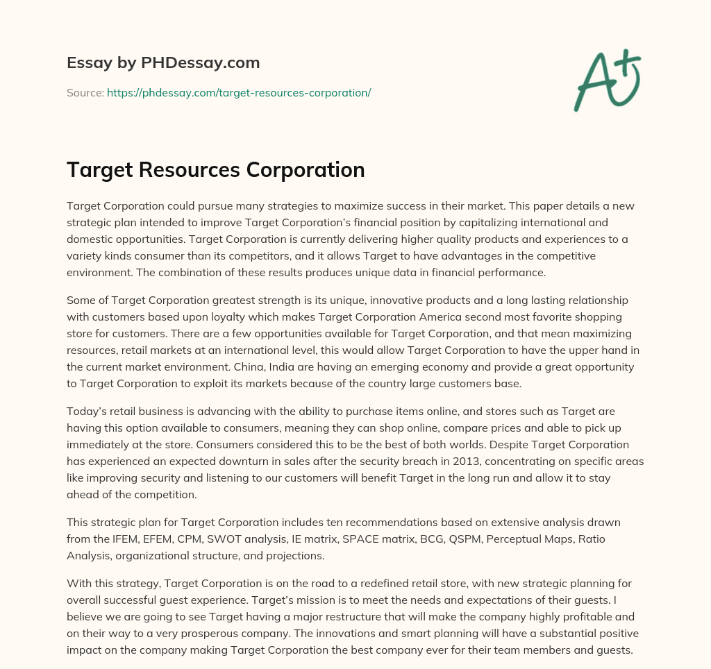 Target Resources Corporation (400 Words) - PHDessay.com