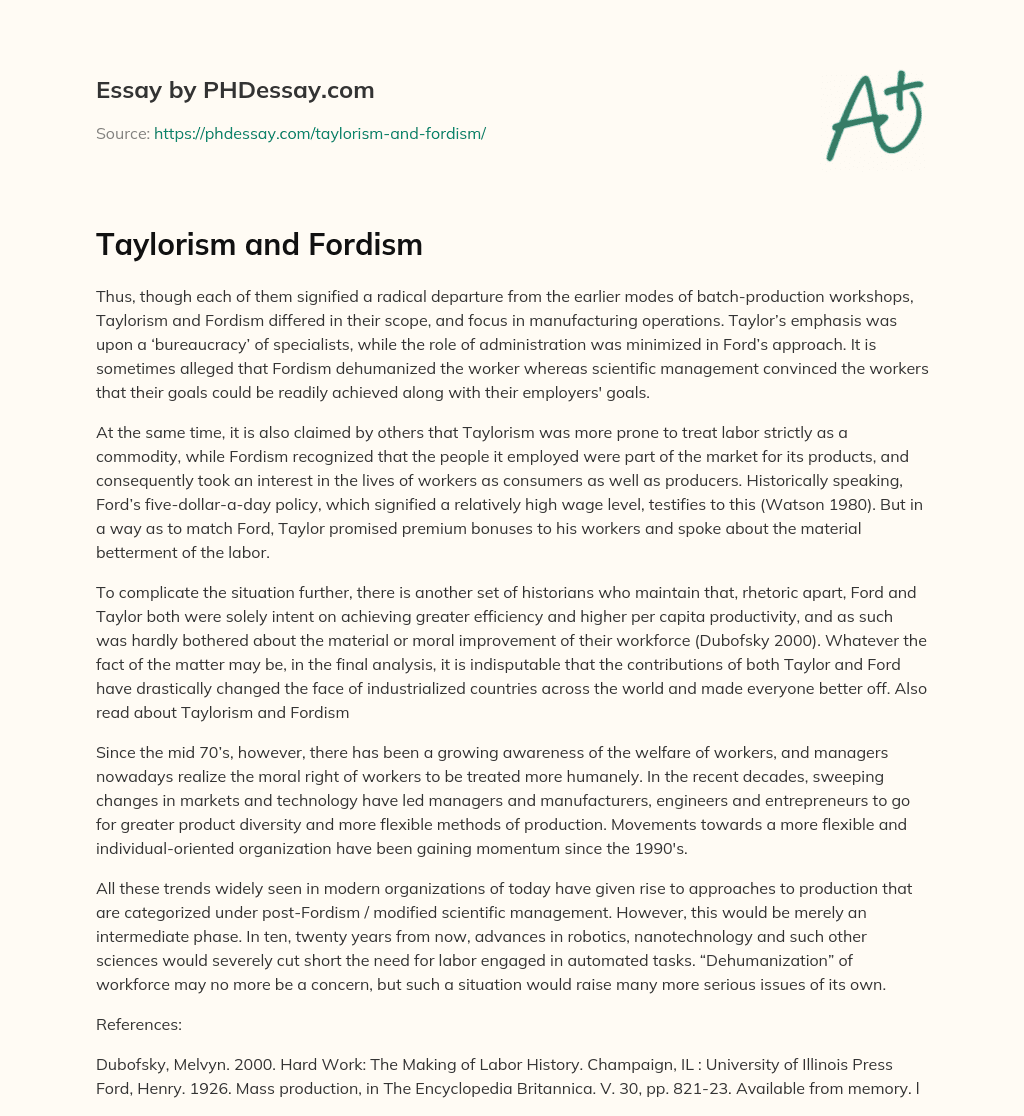 Taylorism and Fordism (500 Words) - PHDessay.com