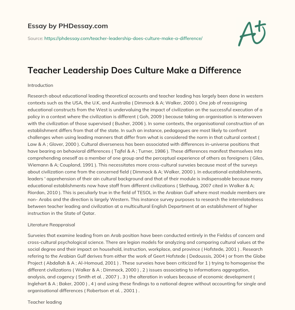 Teacher Leadership Does Culture Make a Difference - PHDessay.com