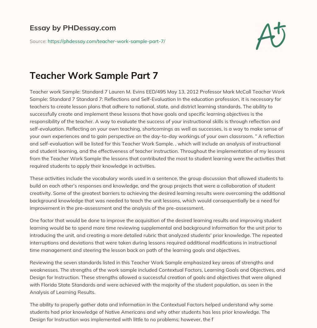 Teacher Work Sample Part 7 - PHDessay.com