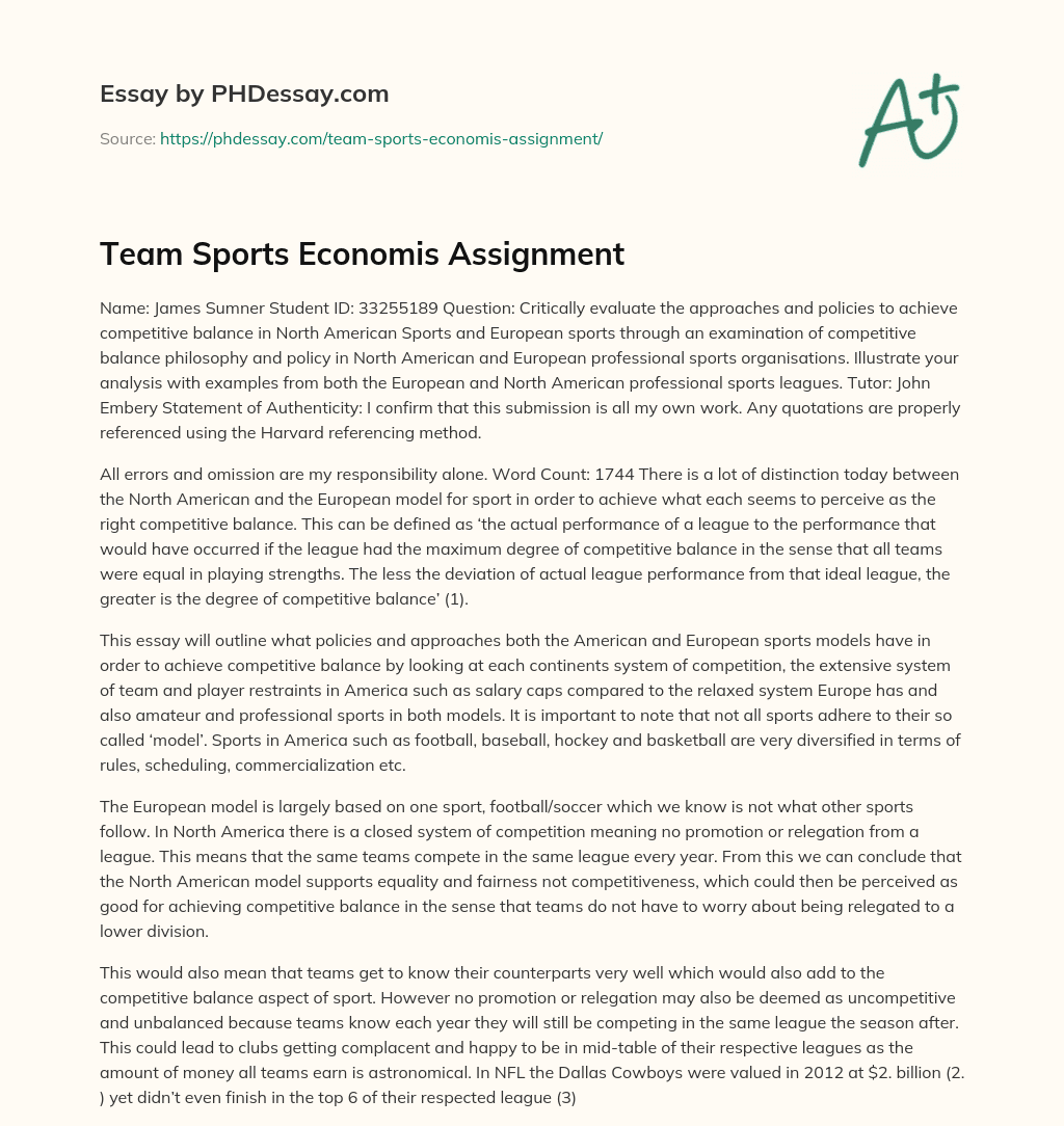 Team Sports Economis Assignment - PHDessay.com