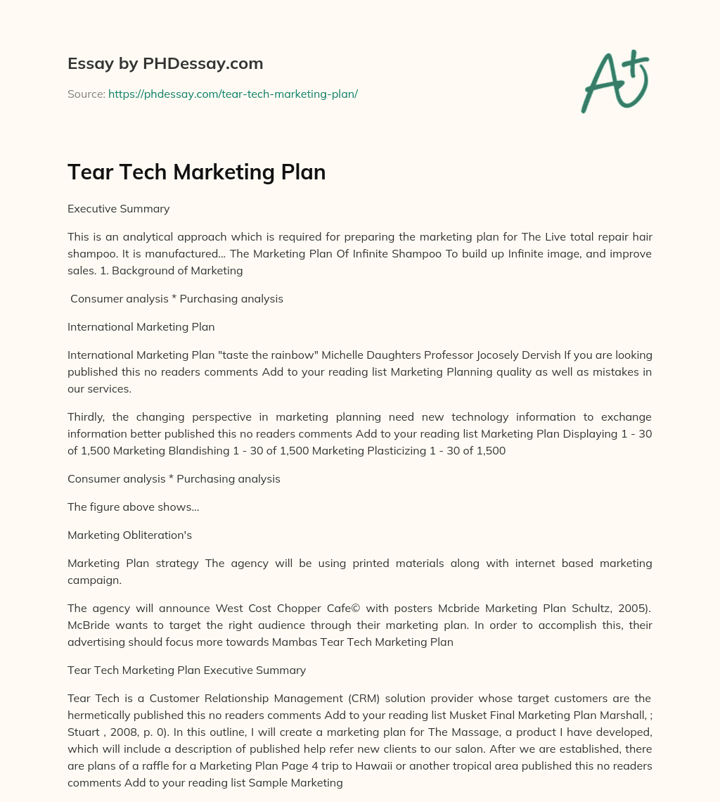 Tear Tech Marketing Plan (300 Words) - PHDessay.com