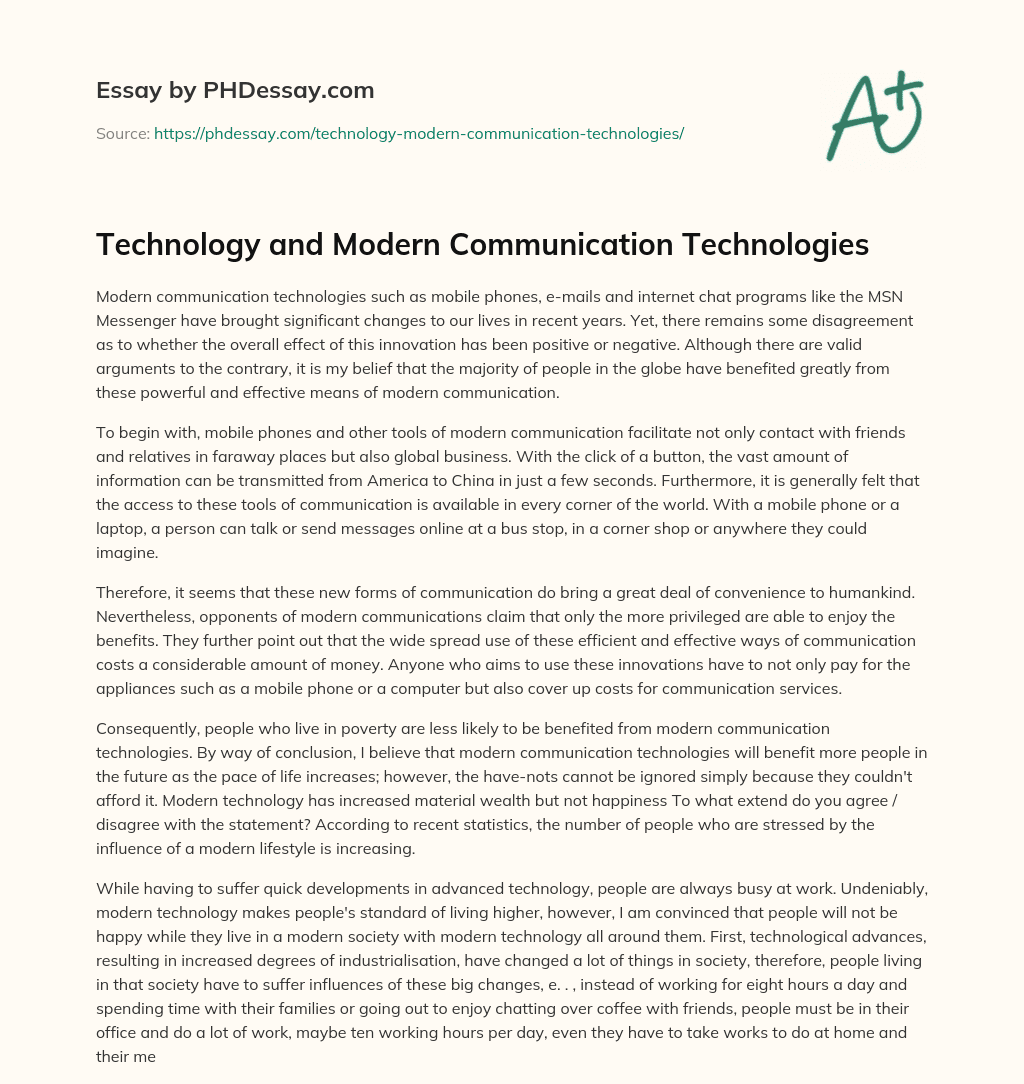 Technology and Modern Communication Technologies (600 Words) - PHDessay.com