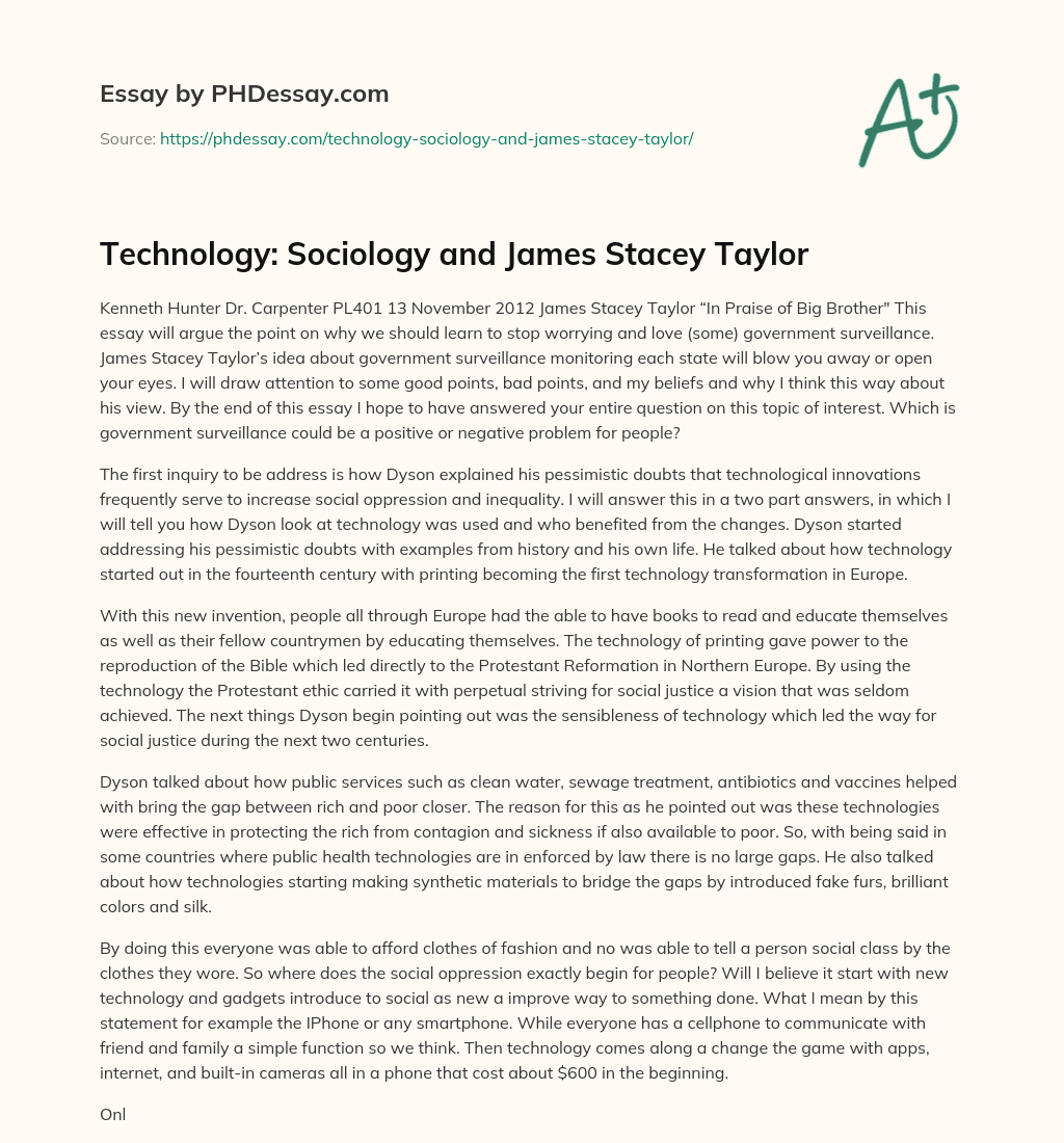 Technology: Sociology and James Stacey Taylor - PHDessay.com
