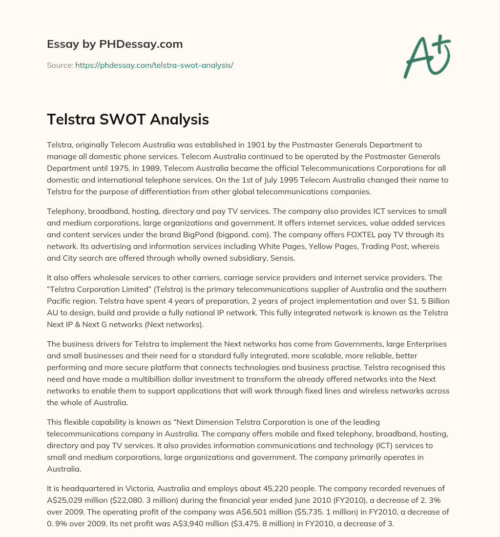 Telstra SWOT Analysis (400 Words) - PHDessay.com