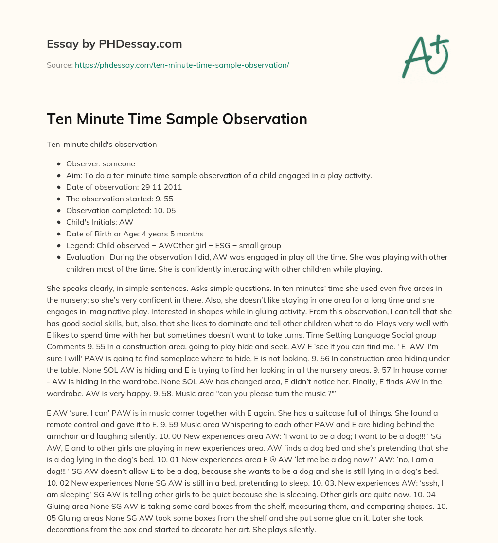 Ten Minute Time Sample Observation (500 Words) - PHDessay.com