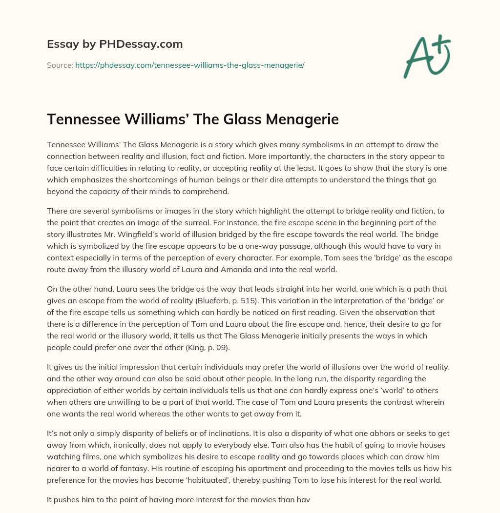 Tennessee Williams’ The Glass Menagerie - PHDessay.com