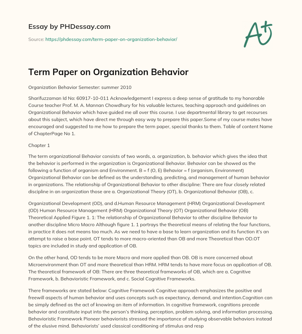 Term Paper on Organization Behavior - PHDessay.com