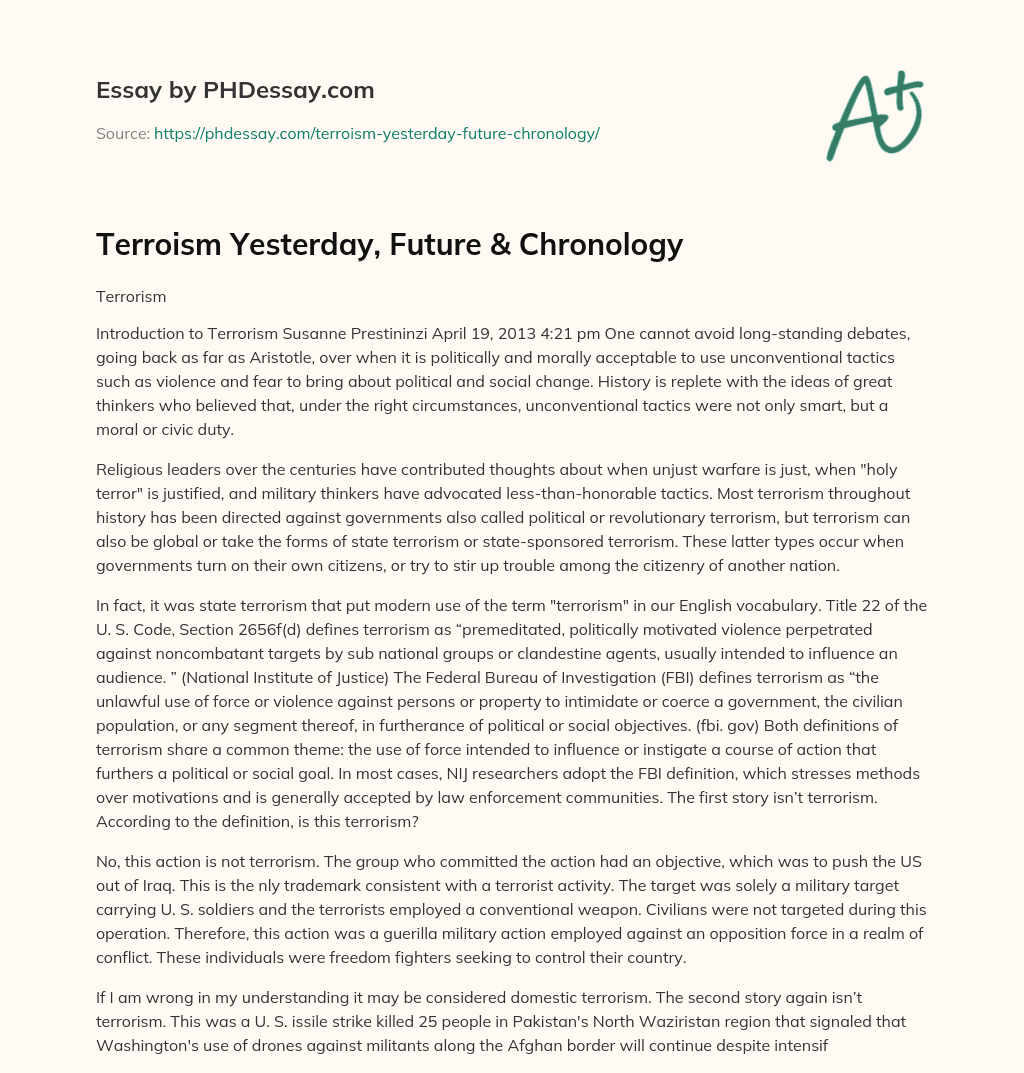 Terroism Yesterday, Future & Chronology - PHDessay.com