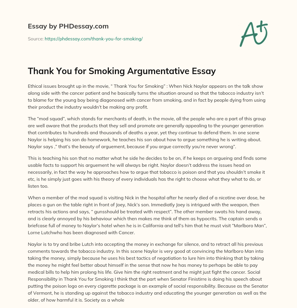 Thank You for Smoking Argumentative Essay - PHDessay.com
