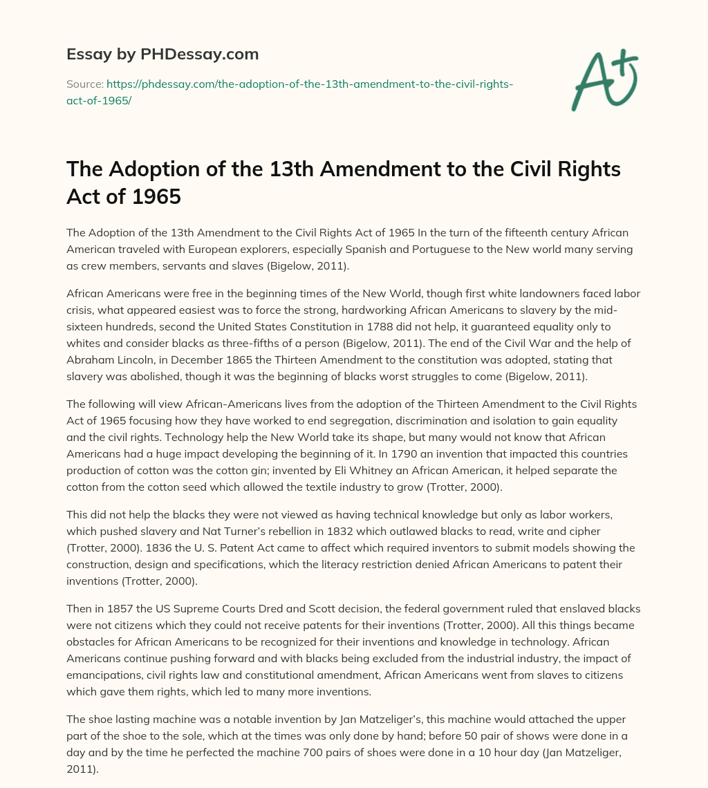 The Adoption of the 13th Amendment to the Civil Rights Act of 1965 ...