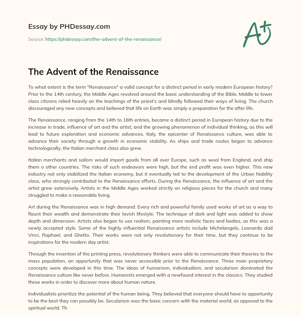 The Advent of the Renaissance (600 Words) - PHDessay.com