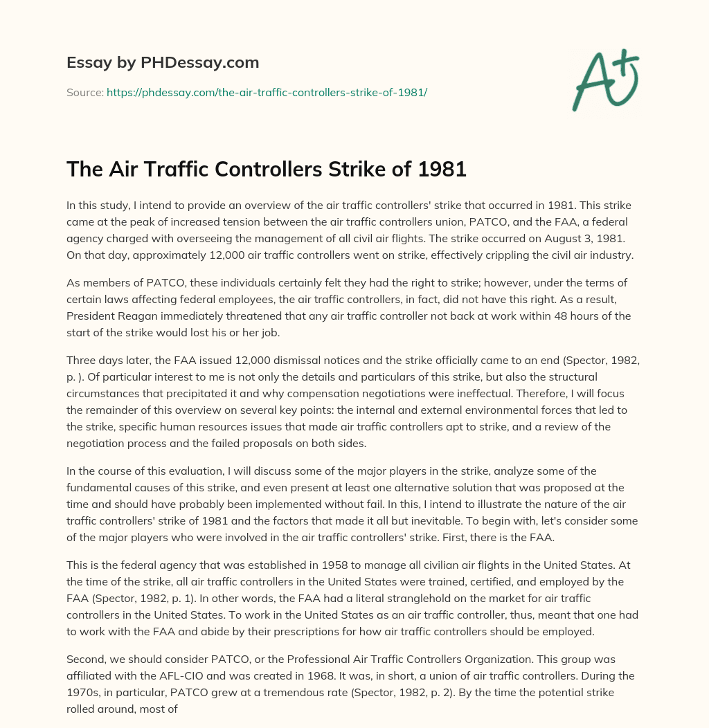 The Air Traffic Controllers Strike Of 1981 Case Study Example - PHDessay.com