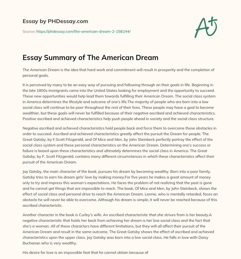 Essay Summary of The American Dream - PHDessay.com