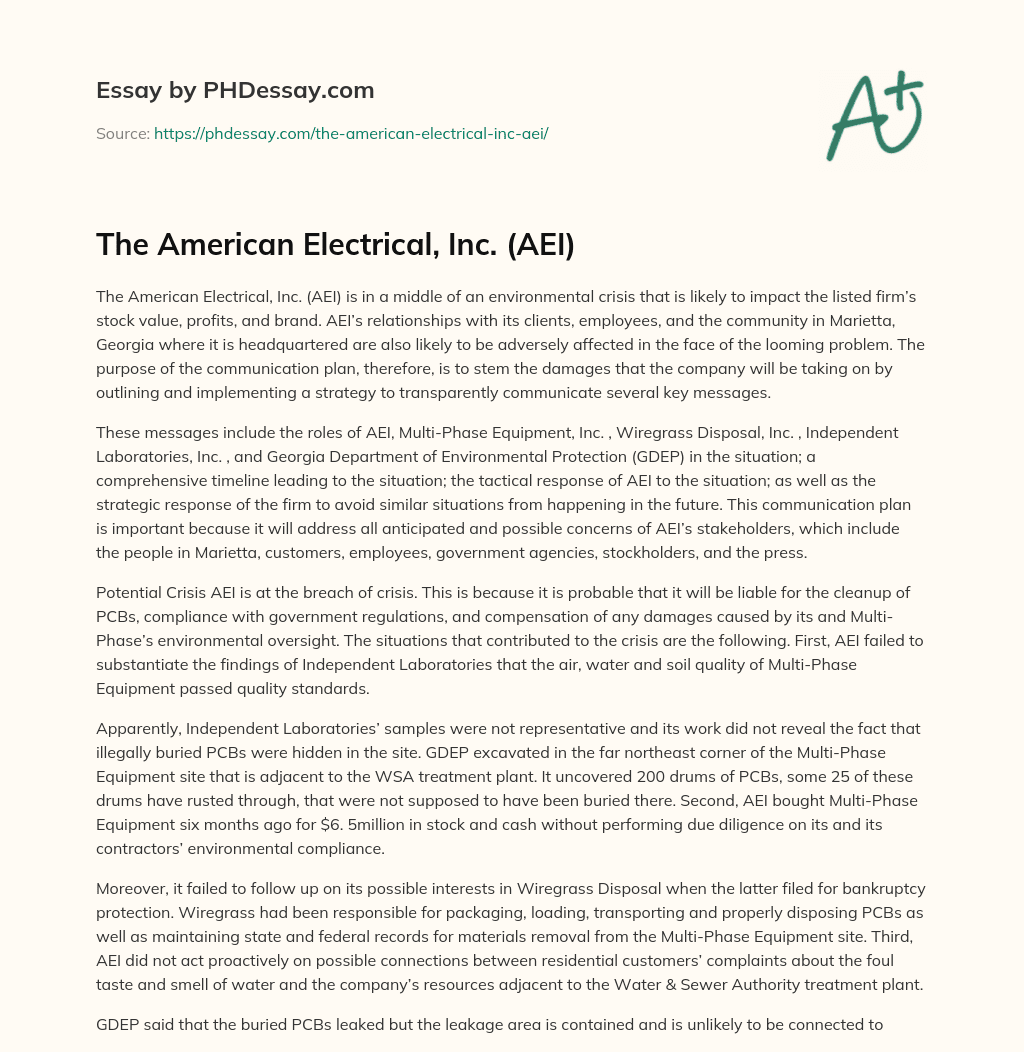 The American Electrical, Inc. (AEI) - PHDessay.com