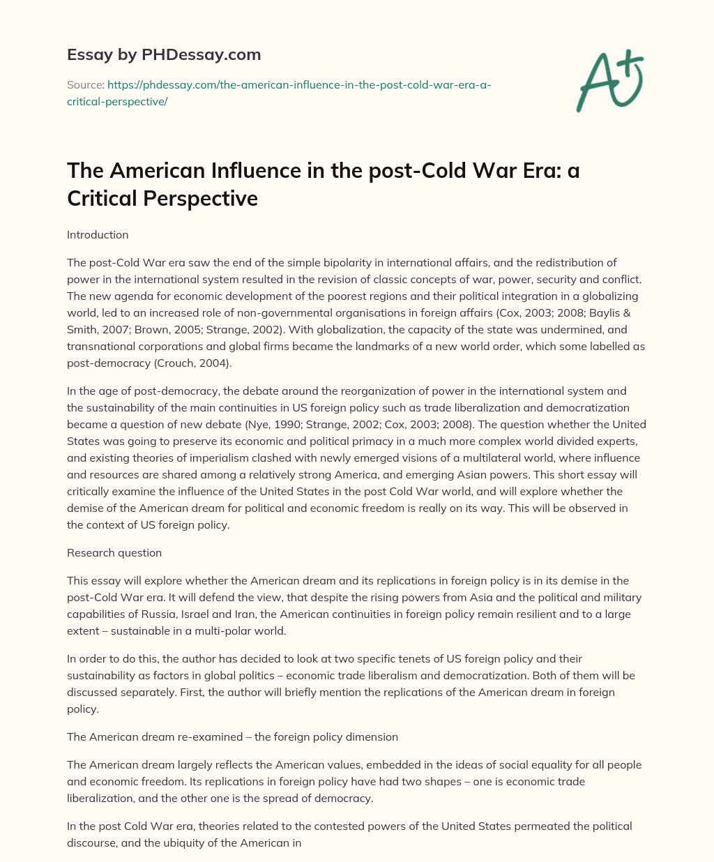The American Influence in the post-Cold War Era: a Critical Perspective ...