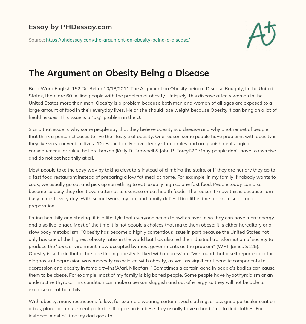 The Argument on Obesity Being a Disease - PHDessay.com