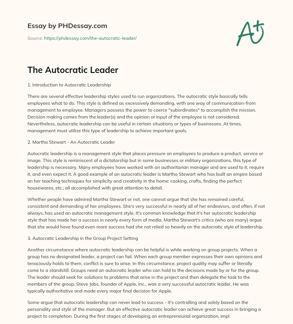 The Autocratic Leader (500 Words) - PHDessay.com
