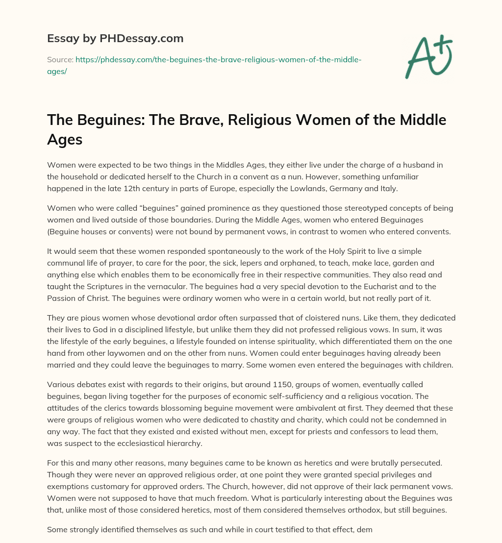 The Beguines: The Brave, Religious Women of the Middle Ages - PHDessay.com