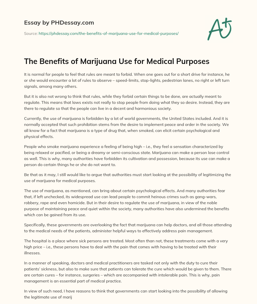 The Benefits of Marijuana Use for Medical Purposes - PHDessay.com
