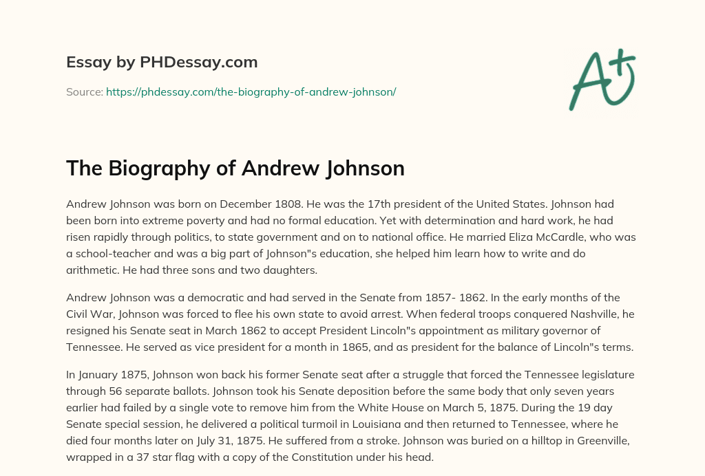 The Biography of Andrew Johnson (300 Words) - PHDessay.com