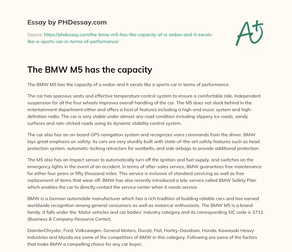 The BMW M5 has the capacity (300 Words) - PHDessay.com