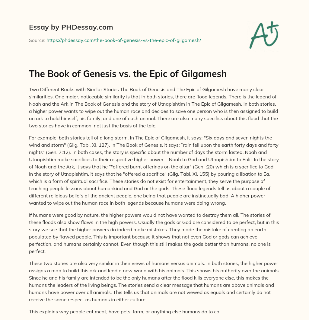 The Book Of Genesis Vs. The Epic Of Gilgamesh Essay Example - PHDessay.com