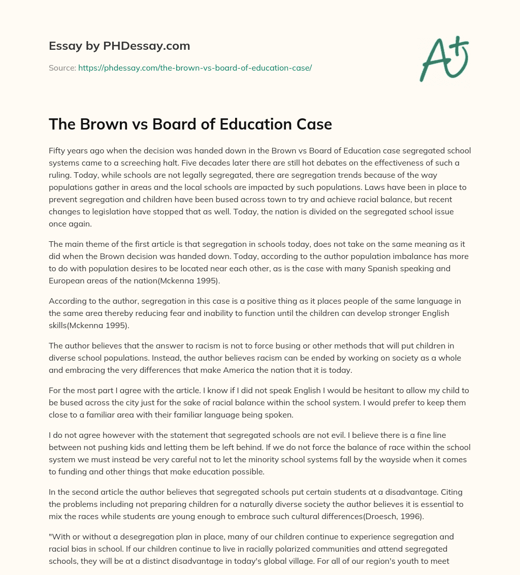 The Brown vs Board of Education Case (600 Words) - PHDessay.com