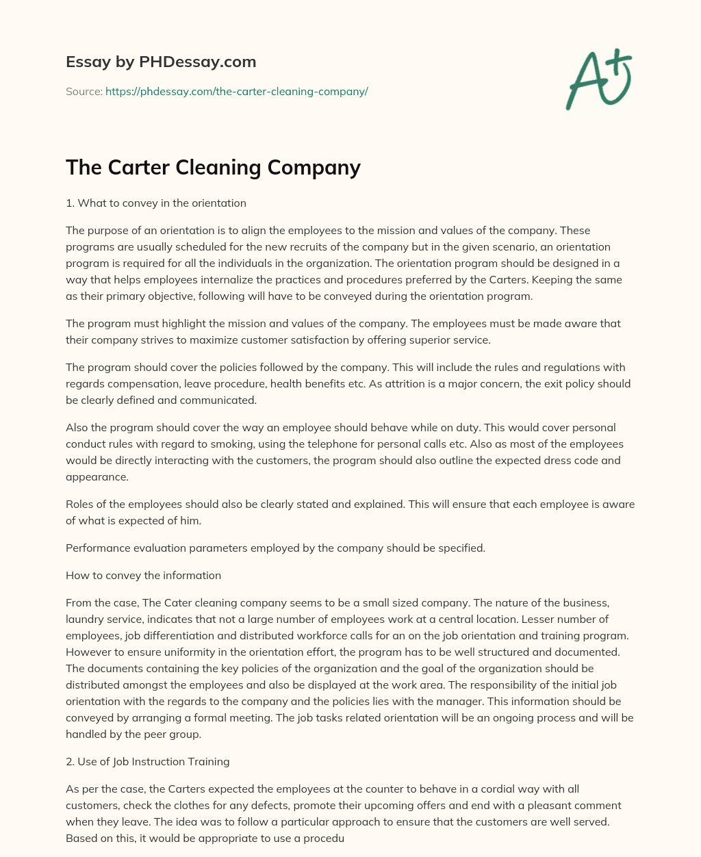 The Carter Cleaning Company - PHDessay.com