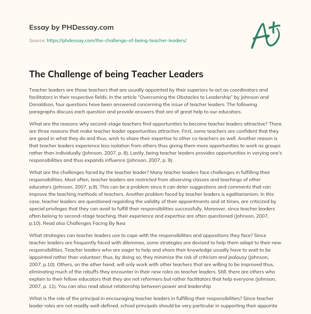 The Challenge of being Teacher Leaders (500 Words) - PHDessay.com