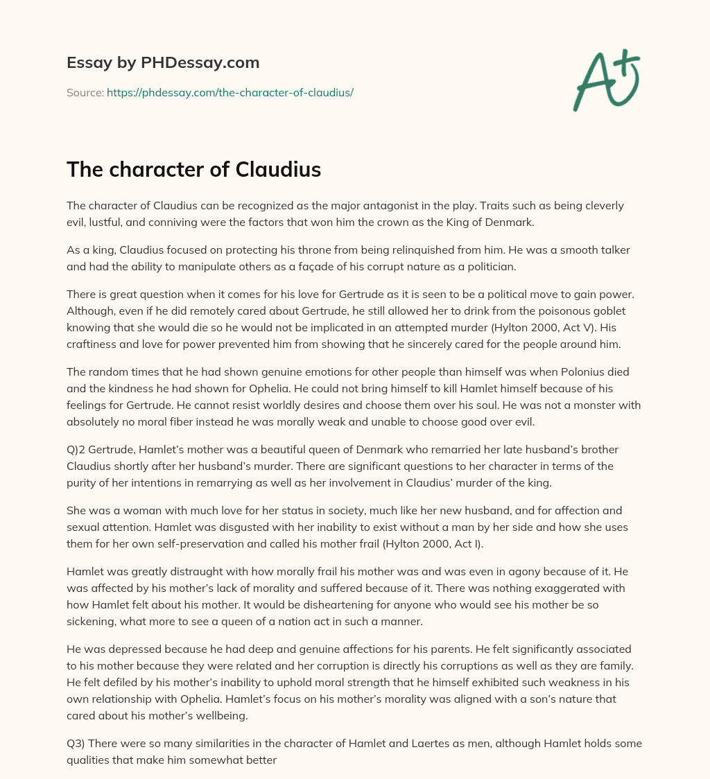 The Character Of Claudius Character Analysis Example PHDessay The Character Of Claudius Character Analysis Example PHDessay