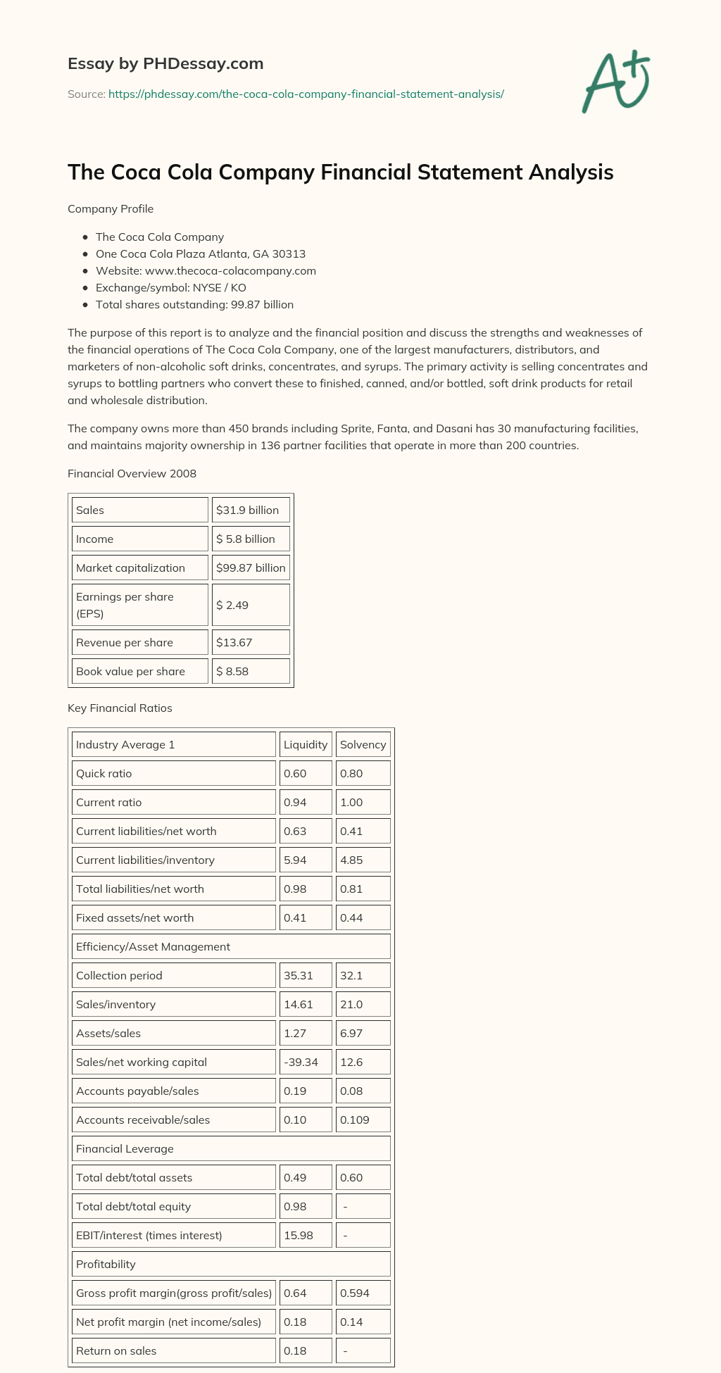The Coca Cola Company Financial Statement Analysis - PHDessay.com