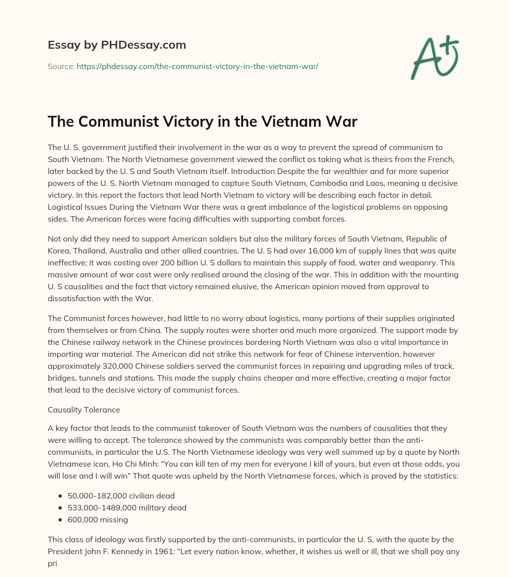 The Communist Victory in the Vietnam War - PHDessay.com