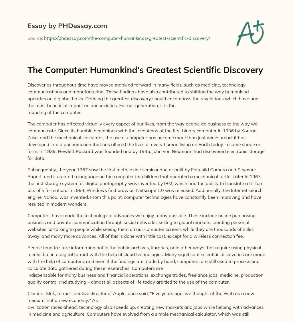 The Computer: Humankind's Greatest Scientific Discovery (500 Words ...