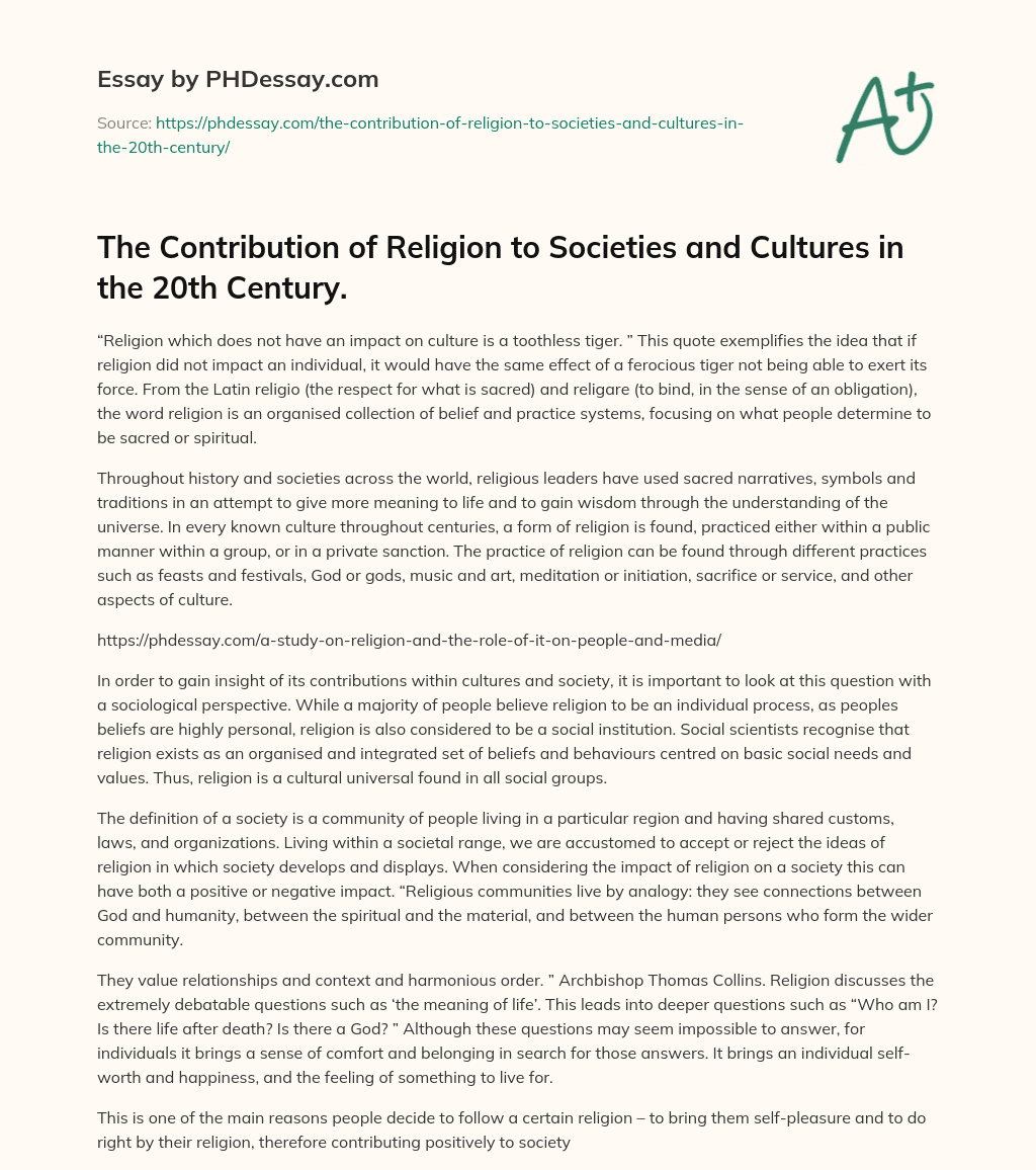 The Contribution of Religion to Societies and Cultures in the 20th ...