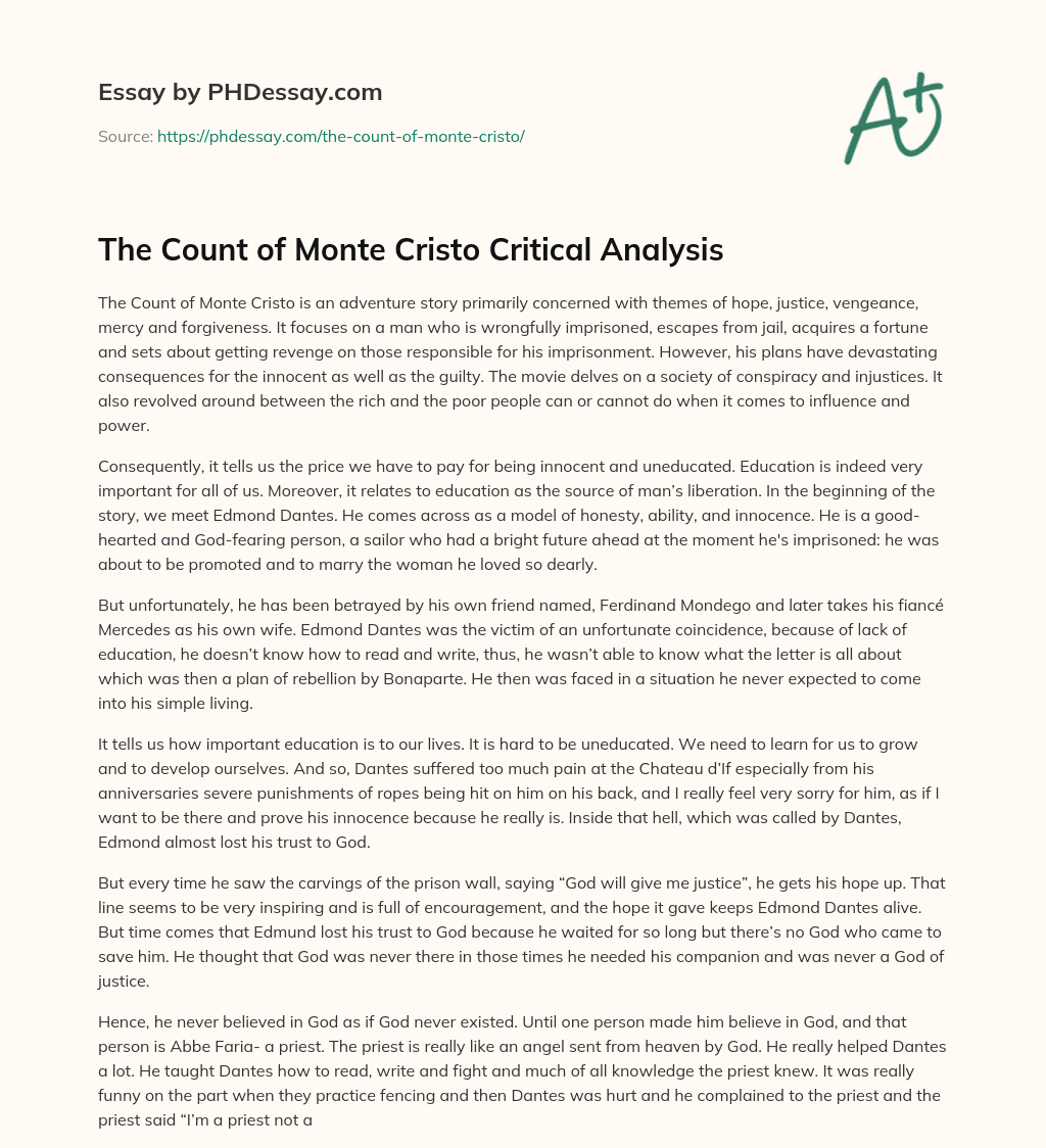 The Count Of Monte Cristo Critical Analysis Essay Example - PHDessay.com