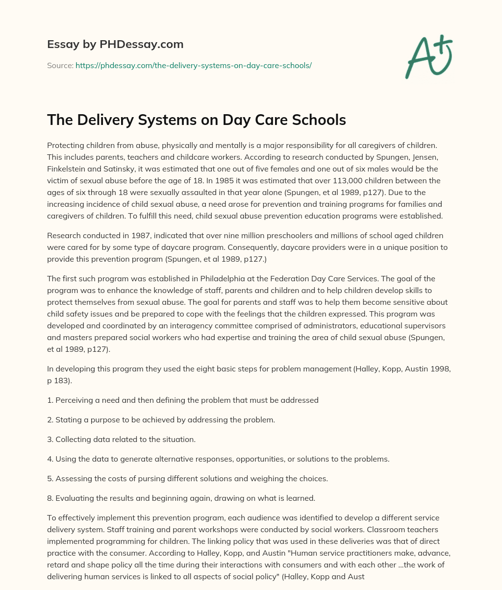 The Delivery Systems on Day Care Schools - PHDessay.com