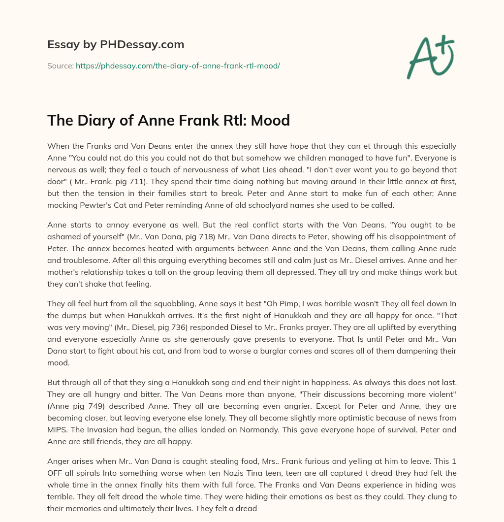 The Diary of Anne Frank Rtl: Mood (500 Words) - PHDessay.com