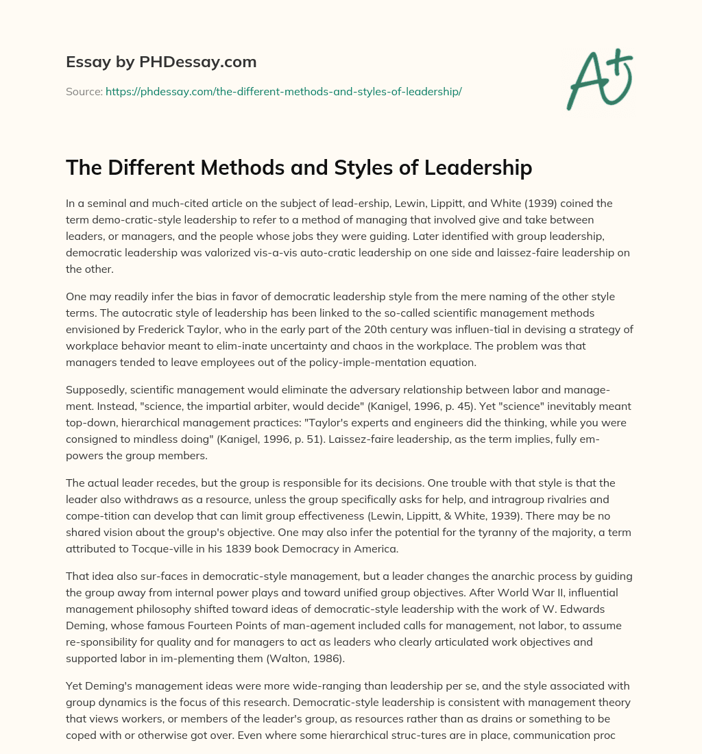 The Different Methods and Styles of Leadership - PHDessay.com