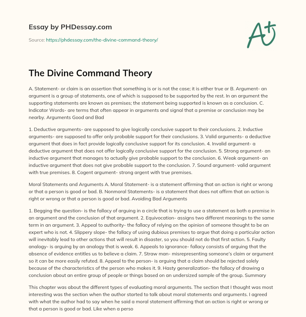 The Divine Command Theory Sample (500 Words) - PHDessay.com