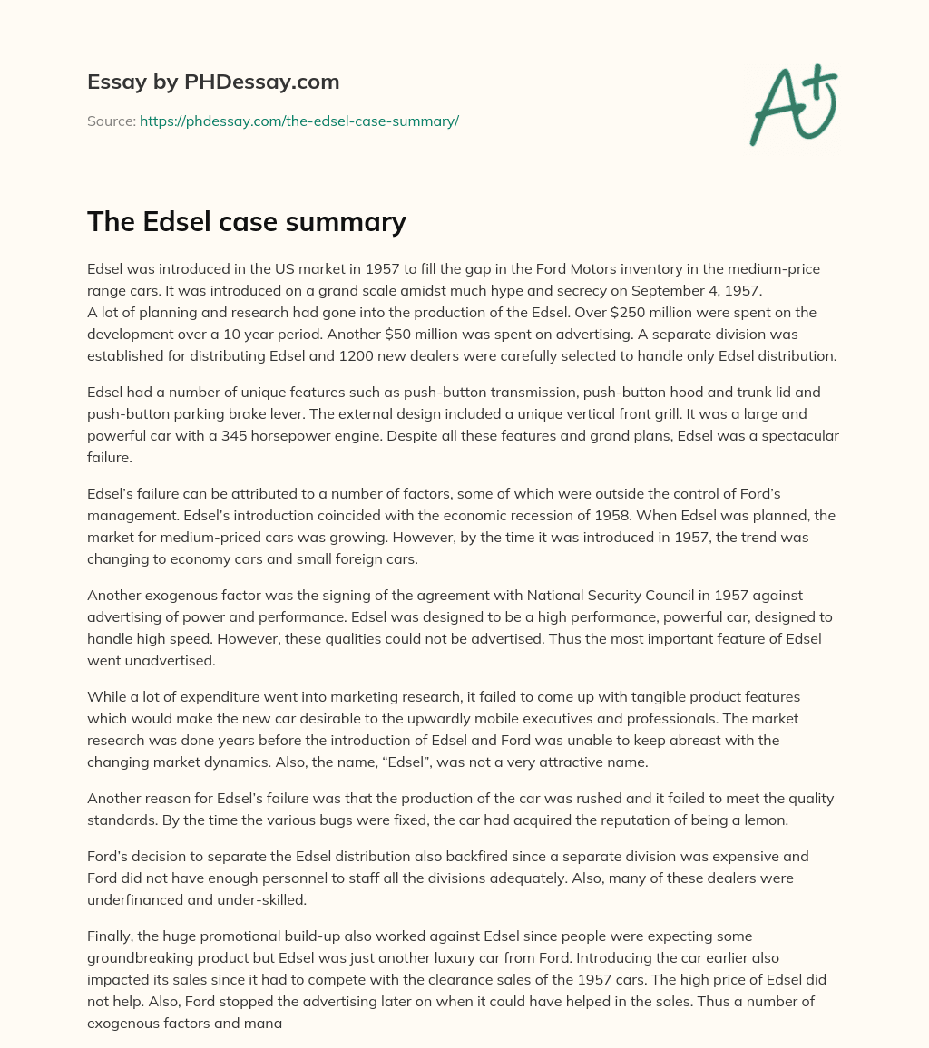 The Edsel Case Summary Case Study Example - PHDessay.com