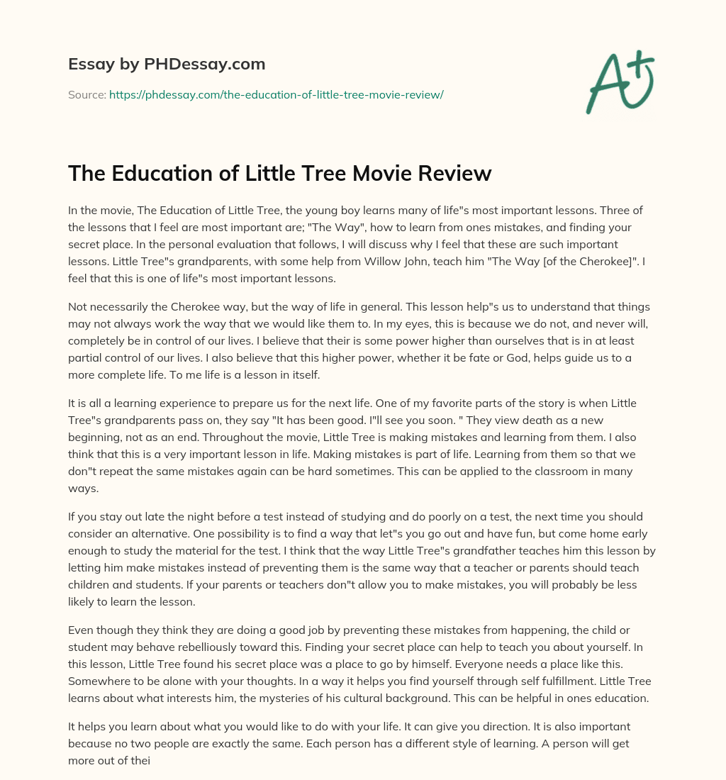 The Education of Little Tree Movie Review - PHDessay.com